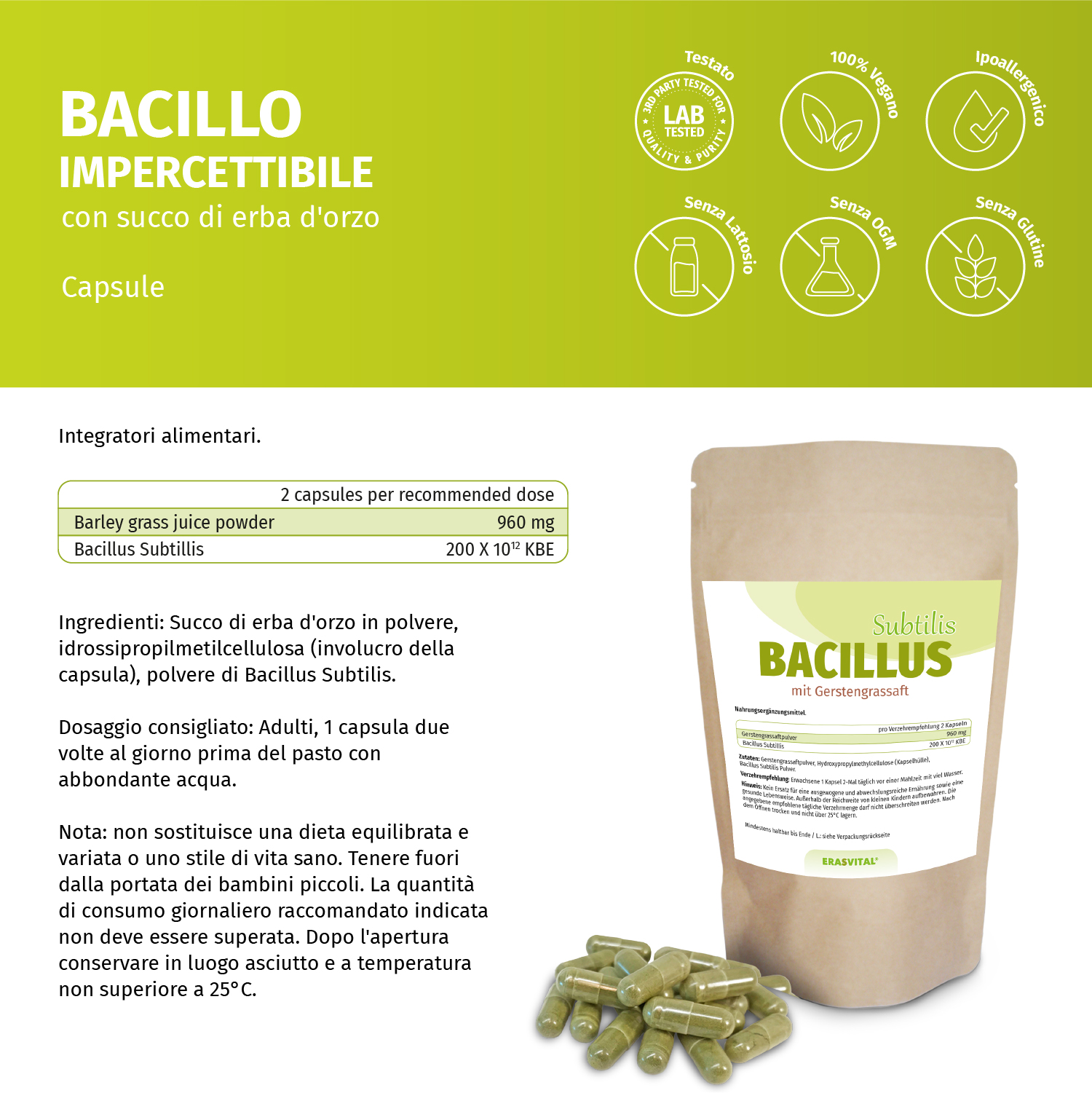 Bacillus Subtilis mit Gerstengrassaftpulver in einem Standbeutel, Kapseln | ERASVITAL