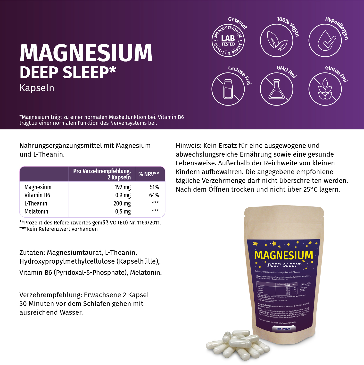 Magnesium Deep Sleep für besseren Schlaf - Kapseln | ERASVITAL