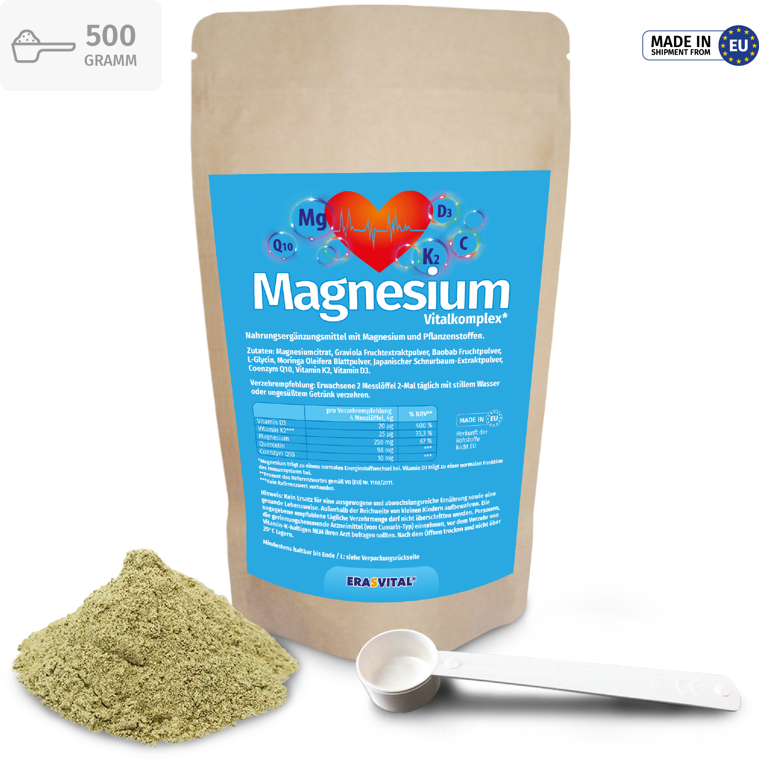 Magnesium Citrat mit Vitamin D3 K2 Pulver | ERASVITAL