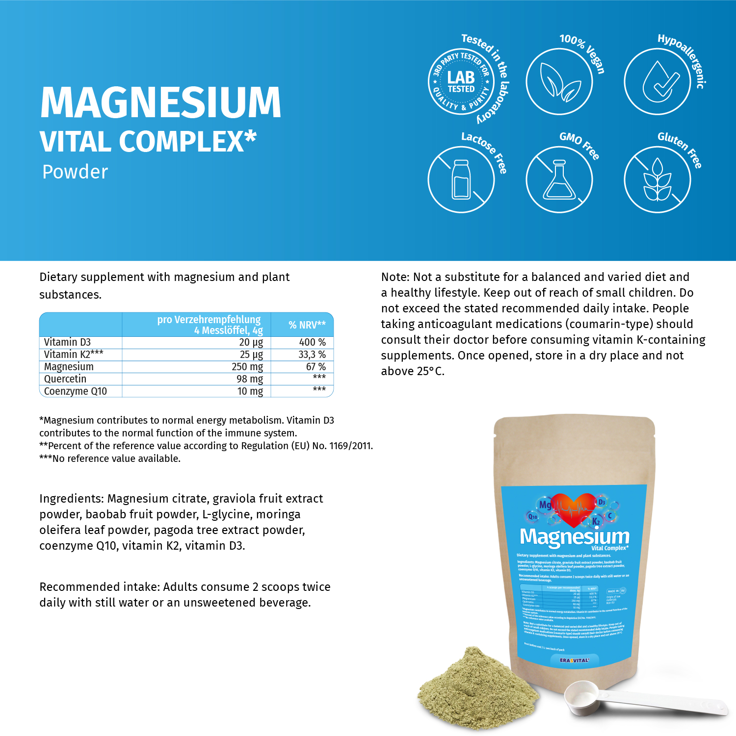 Magnesium Citrat mit Vitamin D3 K2 Pulver | ERASVITAL